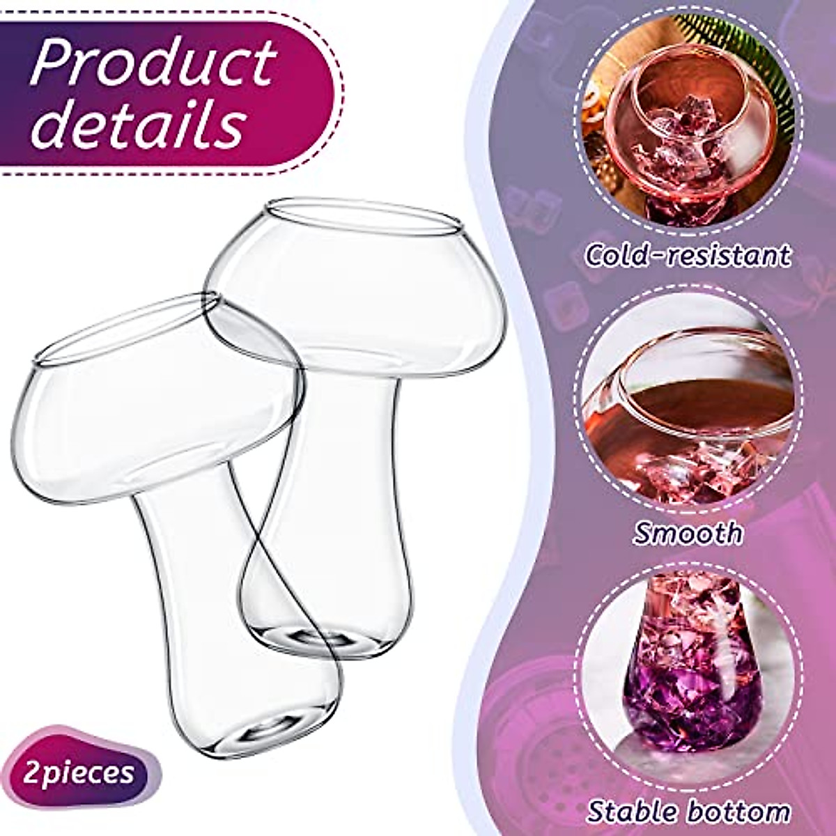 2 Pcs Mushroom Cocktail Glass Creative Martini Mushroom Glass Cup Glass Goblet Drink Cup for Wine Champagne Cocktail Home Bar Party, 260 ml