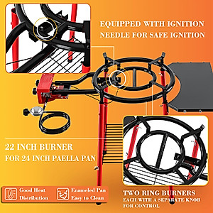 GRISUN Paella Pan, Paella Burner and Stand Set, Paellera Set, 24 Inch Enameled Paella Pan Set, with Built-In Ignitor, Regulator Hose, Carry Bag, Durable Legs with Bottom Shelf, Side Shelf(19 Servings)