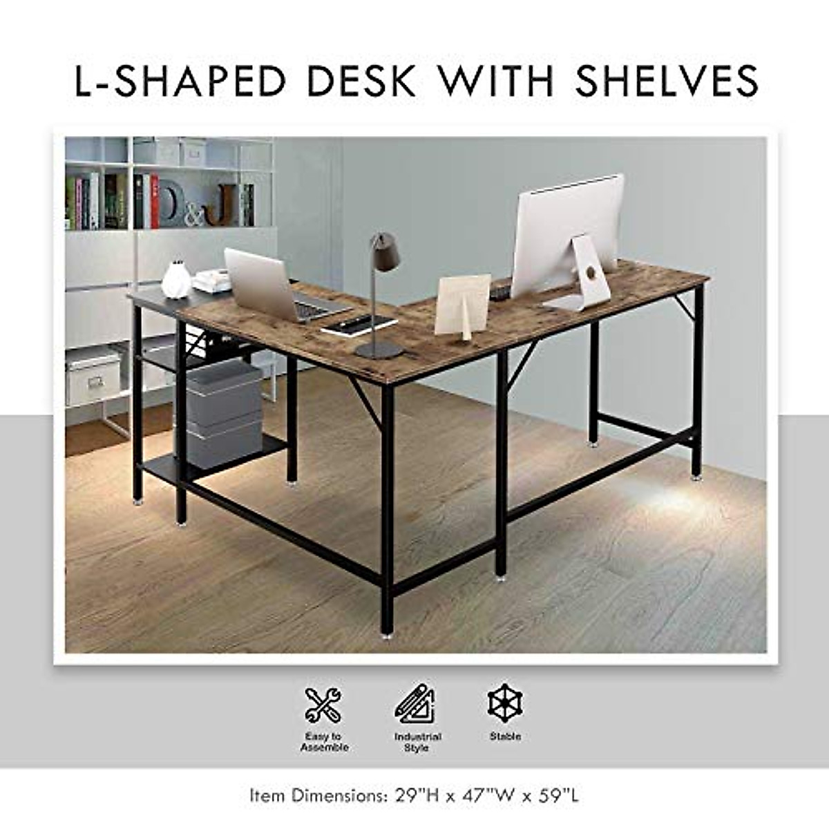 AJP Distributors L Shape Computer Desk with Storage Shelf Study Writing Table for Home Office, Modern Simple Style PC Desk, Black Metal Frame, Rustic