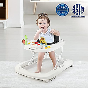 Kinder King 3 in 1 Folding Baby Walker, Activity Walker for Boys Girls, Learning-Seated, Toddler Walk-Behind w/Music Toys, Adjustable Height & Speed, Safety Bumper, Infant Walker Anti-Rollover, Black