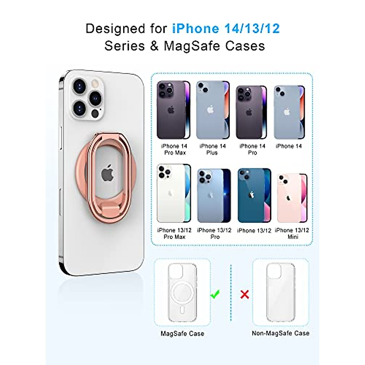 【2023 Upgraded】 Mag Safe Phone Ring Holder, SUPERONE Adjustable Magnetic Kickstand & Removable Phone Grip Compatible with Wireless Charging Only for iPhone 14 & 13 & 12 Series - Rose