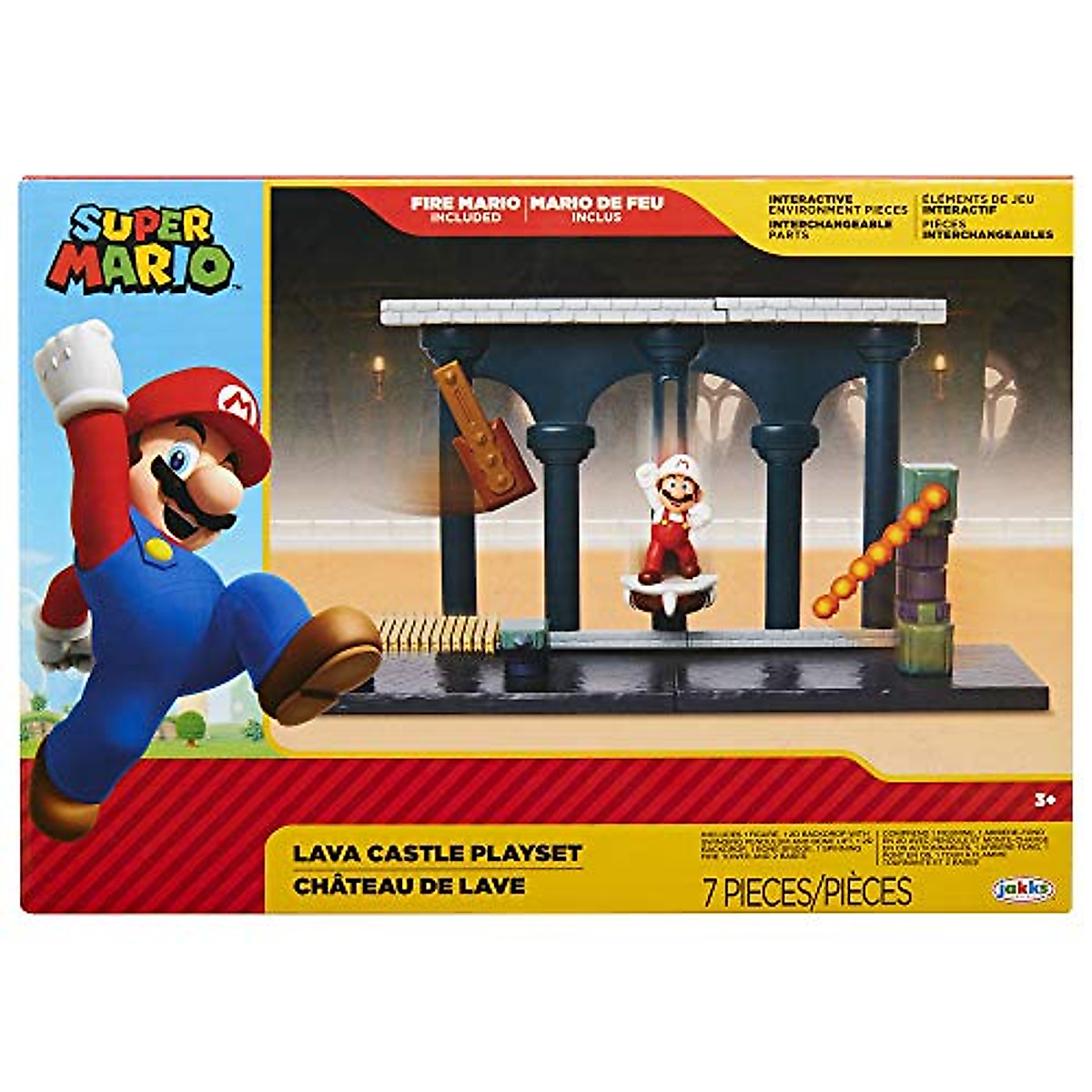 Nintendo Super Mario Lava Castle Deluxe Play Set, Includes: 2.5” Fire Mario Figure & Mechanical Features, Spinning Fireballs Tower, Swinging Pendulum, Bone Lift & Bridge