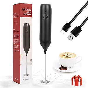 FYY Milk Frother Handheld, Electric Foam Maker with Stainless Steel Whisk, Rechargeable Frother Drink Mixer with USB-C Cable for Coffee, Lattes, Cappuccino, Frappe, Matcha, Hot Chocolate,-Black