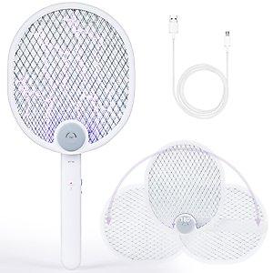 POWIFY 2 in 1 Foldable Electric Fly Swatter, USB Rechargeable Bug Zapper Racket with UV Light, 3 Layers Mesh Mosquito Swatter for Mosquito Fly Gnat Wasp (1 Pack)