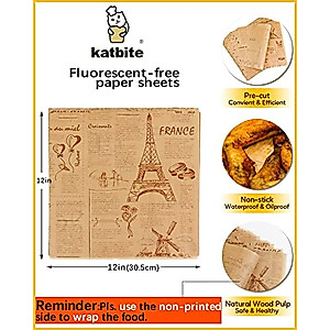 Katbite 100 Pcs Sandwich Wrapping Paper, Deli Paper Sheets 12x12 inch Food Basket Liners, Grease Proof & Non-stick Baking Parchment Paper is Perfect for Home, Picnic, Tray, Wrap, Burger and Burrito