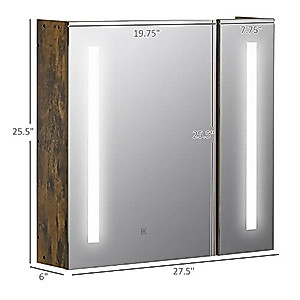 kleankin 27.5 Inch x 25.5 Inch LED Lighted Medicine Cabinet with Mirror, Wall Mounted Dimmable Bathroom Cabinet with 3-Tier Storage Shelves, Smart Touch, and USB Charge, Dark Wood Grain