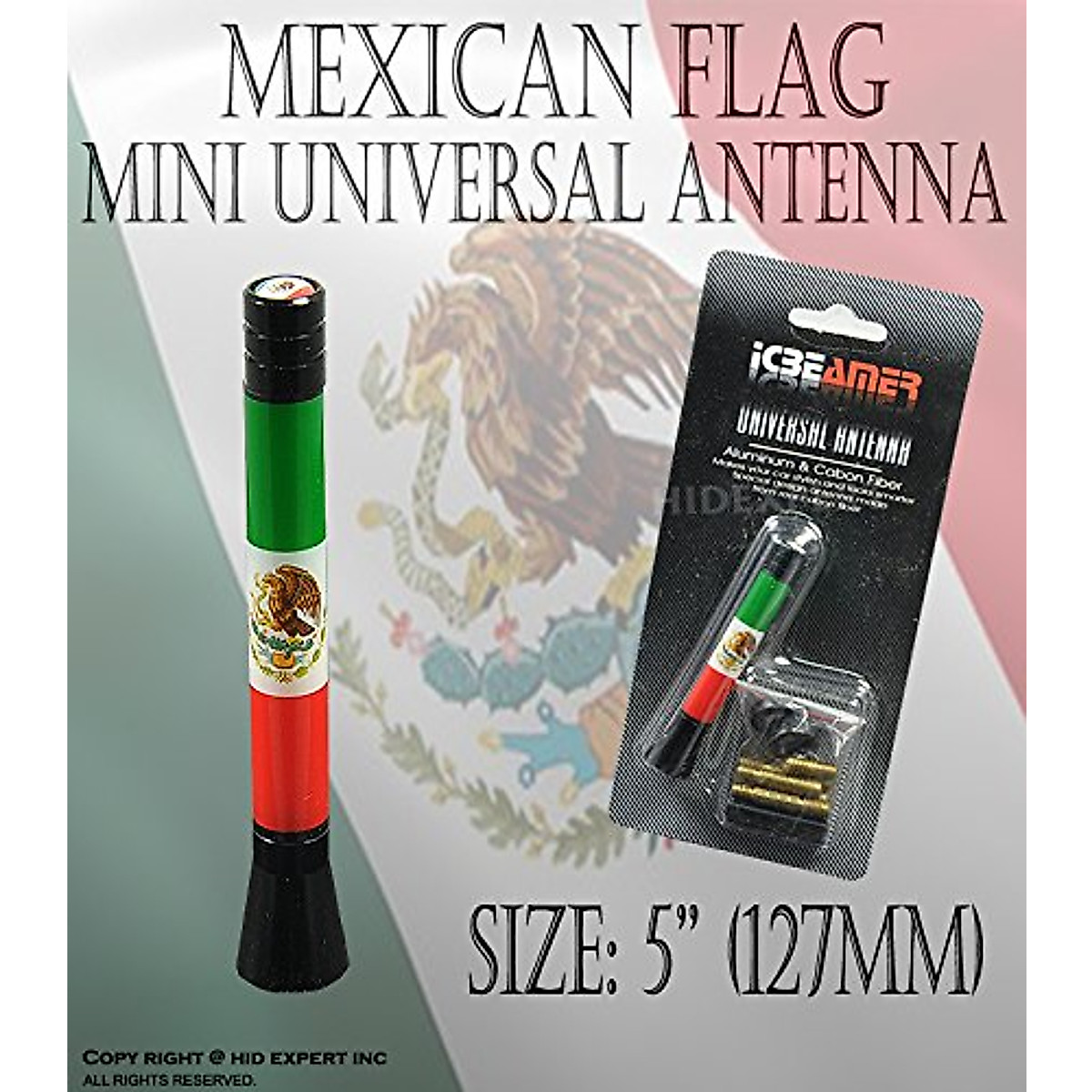 ICBEAMER 5 inch Mini Mexico Flag Aluminum with Internal Copper Coil Universal Fit AM/FM Radio Antenna Replacement Compatible for Car, Truck and Van