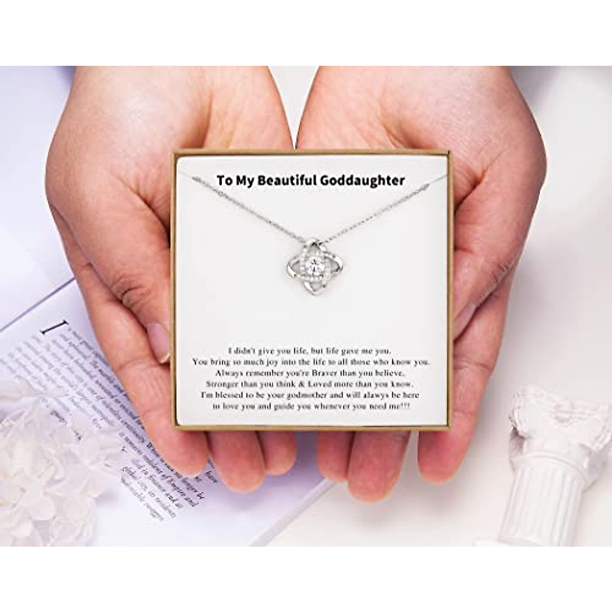 Famdecor Goddaughter Gifts from Godmother Goddaughter Necklace Sterling Silver Rhinestone Knot Necklace for Goddaughter Gifts from Godfather Goddaughter Christmas Gifts