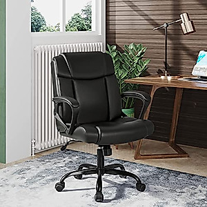 Furniwell Home Office Chair Mid Back Executive Computer Chair Ergonomic Desk Chair Swivel Adjustable PU Leather Chair with Armrests Lumbar Support (Black)
