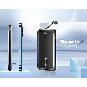 Luxtude 10000mAh Portable Charger for iPhone Built-in Lightning Cable, Mfi Apple Certified Slim Power Bank Portable Phone Charger, Fast Charging External Battery Pack for iPhone15, Android, iPad etc.