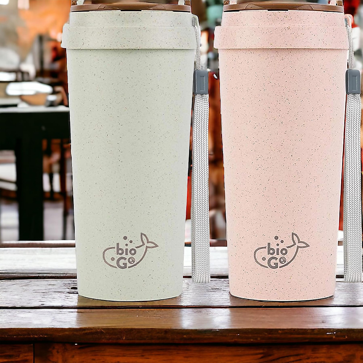bioGo Reusable Coffee Cups - Faded Pink & Pastel Gray - 16oz x 2 - Microwave & Dishwasher Safe - Perfect for Couples