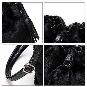 Van Caro Women’s Faux Fur Drawstring Bucket Bag Shoulder Crossbody Bag, Black