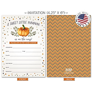 Koko Paper Co Little Pumpkin Baby Shower Invitations, Diaper Raffle Tickets and Matching Thank You Cards | 75 Sets | 125 Pcs Total