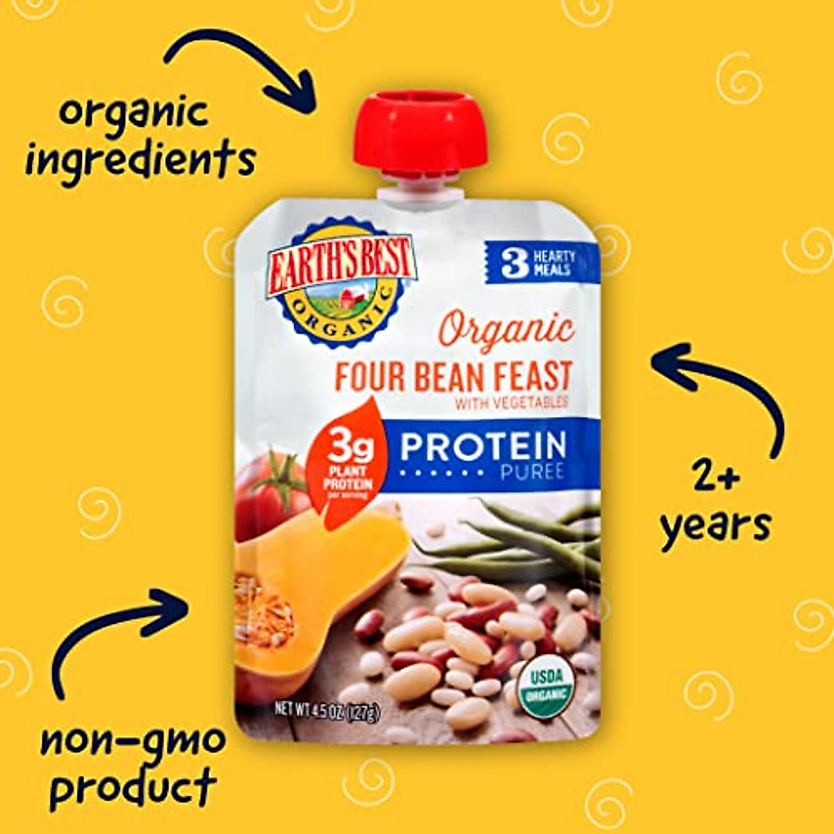 Earth's Best Organic Toddler Food Pouches, Toddler Protein Puree for Kids 2 Years and Older, Organic Four Bean Feast, 4.5 oz Resealable Pouch (Pack of 12)