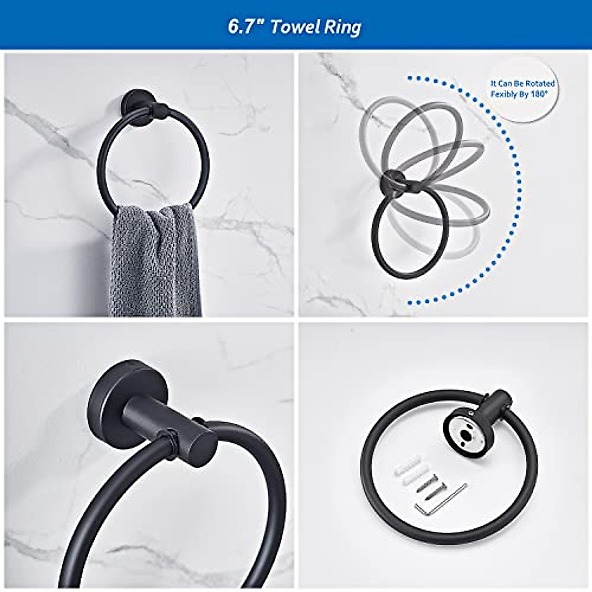 Starknows 6 PCS Bathroom Hardware Set, Matte Black Stainless Steel Bathroom Accessories Towel Rack Set Round Wall Mounted, Include 16inch Towel Bar, Toilet Paper Holder, Towel Ring, 3 Robe Towel Hooks