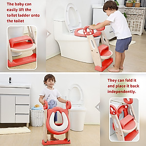 Potty Training Seat with Ladder, Toddler Toilet Seat with Double Step Stools, Newest Potty Training Toilet with Anti-Slip and Mushroom Shape Design for Kids Boys and Girls(Red)