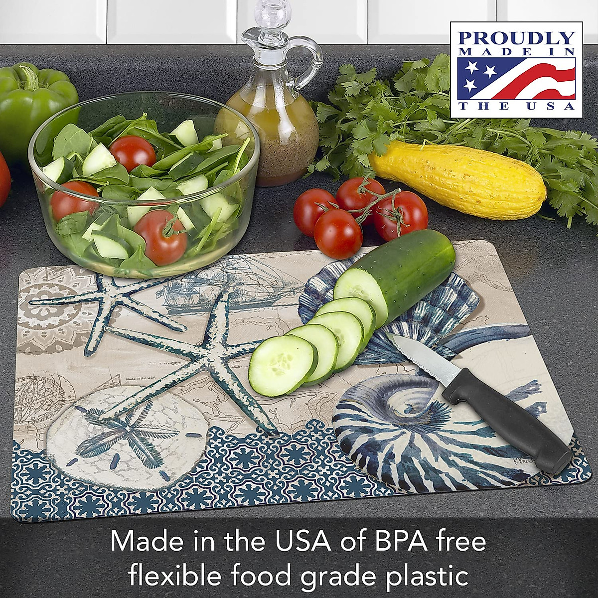 Cut N' Funnel Tide Pool Shells Designer Flexible Plastic Cutting Board Mat, 15" x 11.5", Made in the USA, Decorative, Flexible, Easy to Clean