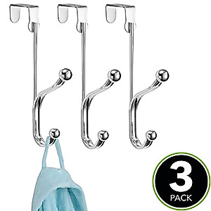 mDesign Decorative Over Door Double Hook Steel Storage Organizer Rack for Coats, Hoodies, Hats, Scarves, Purses, Leashes, Bath Towels, Robes, Clothing - 3 Pack - Chrome