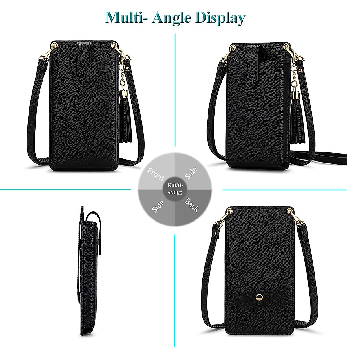 Peacocktion Small Crossbody Cell Phone Purse for Women, Lightweight Mini Shoulder Bag Wallet with Credit Card Slots with Tassel (Black)
