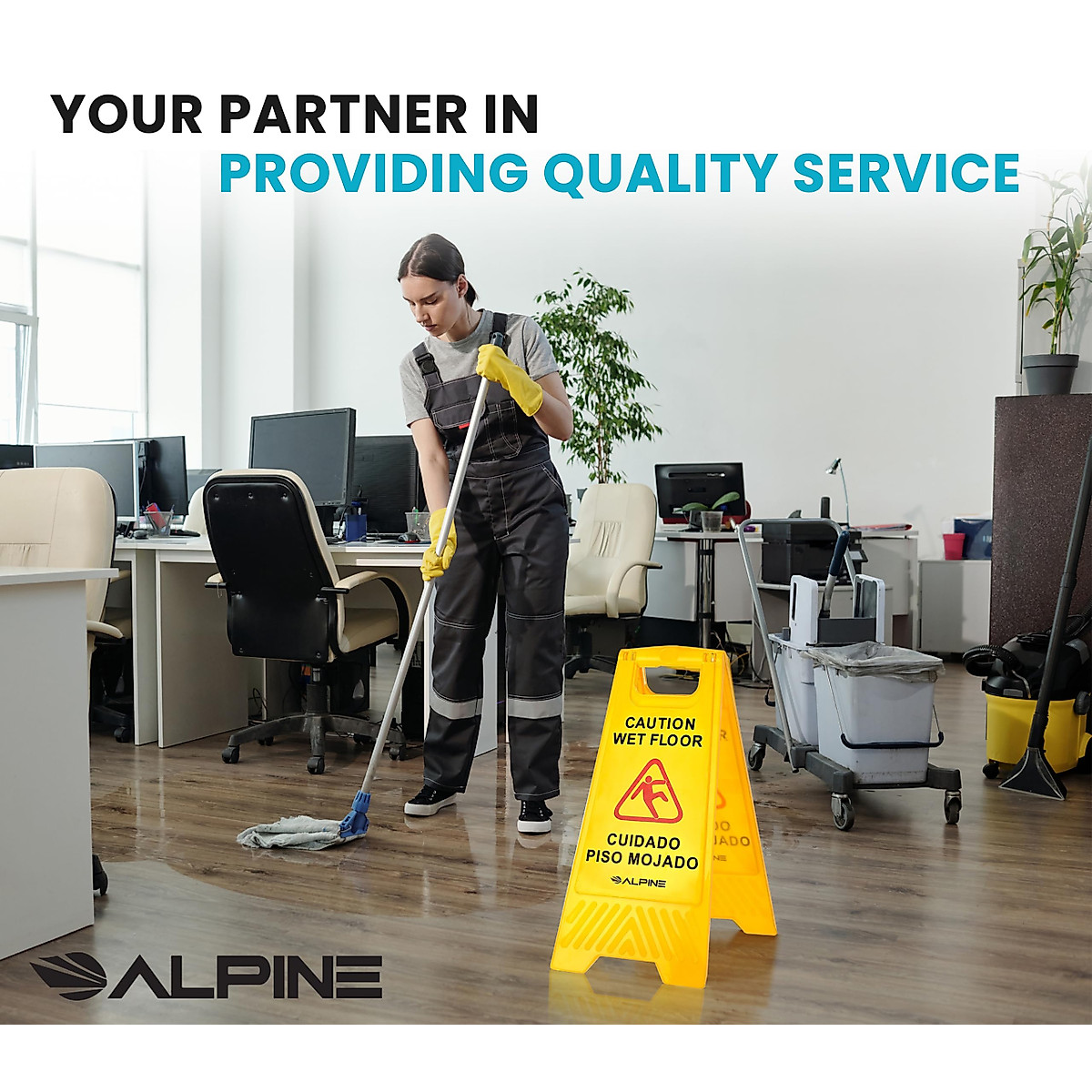 Alpine 24 Inch Caution Wet Floor Sign, High Visibility Yellow Caution Slippery When Wet Sign - Bilingual Safety Warning Sign to Easily Avoid Slippery Accidents in Businesses & High Traffic Areas