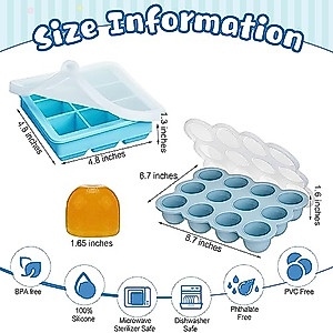 Hoolerry 6 Pcs Baby Food Storage Container Silicone Baby Food Freezer Tray with Clip on Lids Milk Trays for Breastmilk Baby Food Ice Cube Trays for Baby Food Vegetable Fruit Purees, 2 Styles