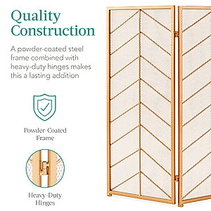 Best Choice Products 52x31in 3 Panel Chevron Fireplace Screen, Mid Century Modern Wrought Iron Hand Crafted Fire Place Guard for Living Room Home Decor, Steel Mesh - Gold