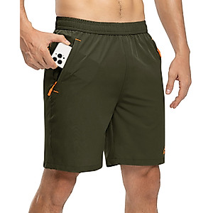 TBMPOY Men's 7" Hiking Running Shorts with Pockets Athletic Outdoor Sports Gym Workout Short Zipper Pockets ArmyGreen L