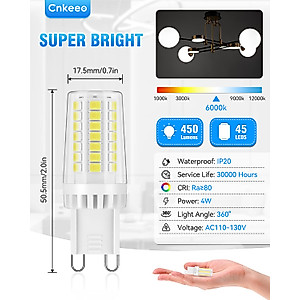Cnkeeo G9 LED Bulb, 4W Daylight White 6000K, 450LM, 40W Halogen Equivalent, No Flicker, Non-Dimmable, 360°Beam Angle, Bi-pin Ceramic Base G9 Light Bulbs for Chandeliers Home Lighting, Pack of 6