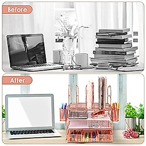 Desk Organizers and Accessories, 4 Tier Desk Organizers with 5 Upright Sections, 2 Pen Holders and Drawer, Desk accessories & workspace organizers, for School Home Office Supplies Organizer, Rose Gold