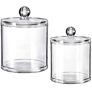 Bathroom Vanity Storage Organizer Canister Holder Apothecary Jars Set for Qtips,Cotton Balls,Swabs,Rounds,Makeup Sponges,Bath Salts,Premium Plastic Acrylic, Clear | 10oz.and 20oz.