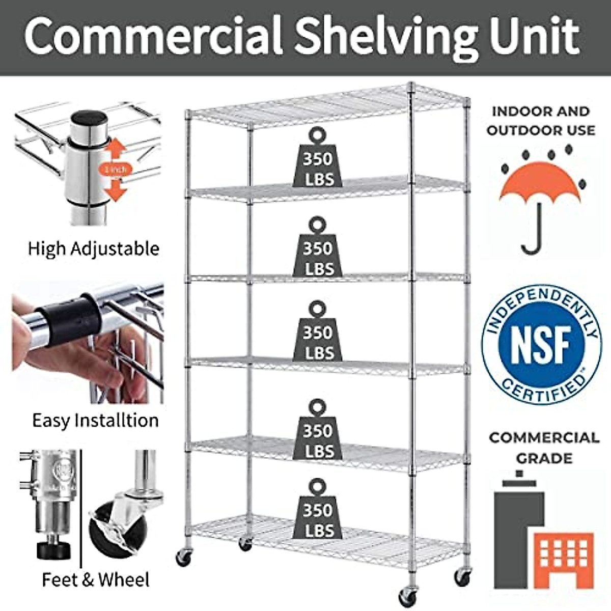 6-Tier Steel Wire Shelving Rack, UltraDurable Commercial-Grade NSF-Certified Storage Rack with Wheels, (350 lbs Capacity per Shelf) Storage Rolling Organizer Wire Rack for Garage Restaurant Kitchen