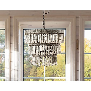 Creative Co-Op Metal & Wood Beaded Chandelier, 20.5" Round by 20" Height, Off- White
