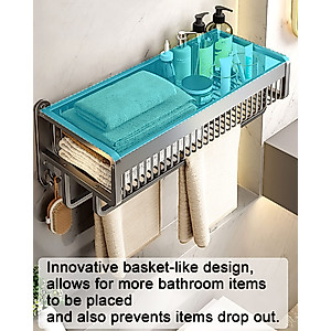 xicveiuz 23 Inches Bathroom Shelves, Shower Shelf with 2 Towel Bar, Towel Rack with Shelf, Towel Holder with Hooks for Bath Wall Mounted, Bathroom Towel Organizer Storage for Towels, Black