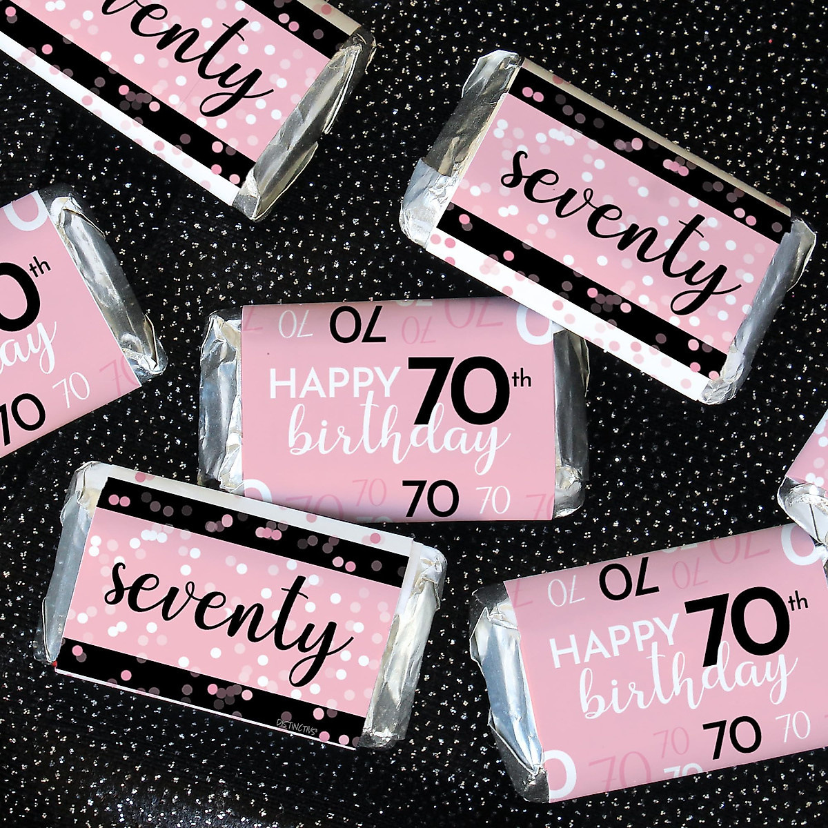 DISTINCTIVS Pink, Black, and White 70th Birthday Party Mini Candy Bar Wrappers - 45 Count, 70th Birthday Decorations for Women