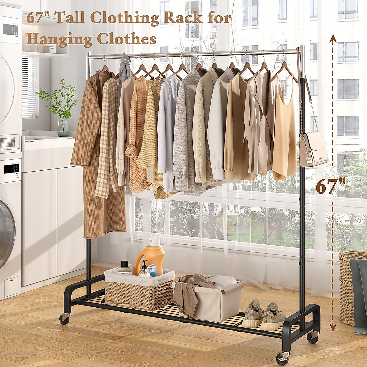 FEMOND Clothing Rack with Wheels Portable Clothes Rack Heavy Duty Garment Racks for Hanging Clothes 59" Rolling Clothes Rack