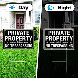 GicnKeuz No Trespassing Signs Private Property Sign with H-stakes, 12"×8" Aluminum Sign, Fade Resistant/Waterproof, Including Screws, Easy to Install, Outdoor Use
