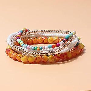 Fuqimanman2020 6pcs Bohemian Stackable Elastic Beaded Bracelet Set Multicolor Layered Seed Bracelets Summer Beach Holiday Jewelry-Yellow