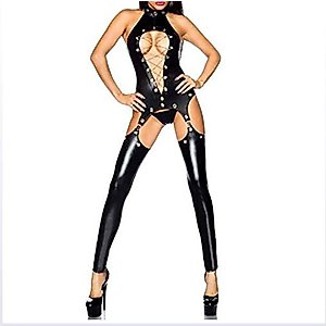 MTLIVE Women Latex Catsuit Open Hips Sexy Wetlook Lingerie Nightclubs Faux Leather Bodysuit,Black-3XL