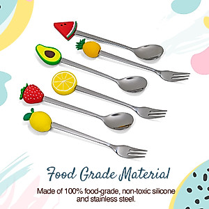 Appetizer Spoons and Forks, 6-Piece Cocktail Spoons and Forks, Fruit Shapes, Stainless Steel and Silicone Small Spoons and Forks for Fruits, Cheese, Appetizers