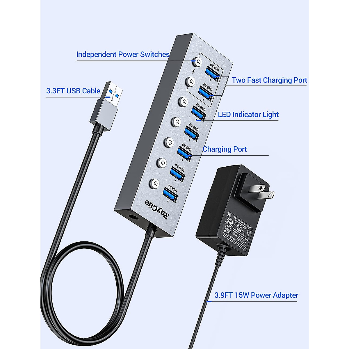 Powered USB 3.0 Hub, Aluminum 7-Port USB Data Hub Splitter with 5V/3A AC Adapter and Individual On/Off Switches, USB Hub Powered Charging for MacBook Pro/Air, PC, Laptops, Surface Pro,HP, etc