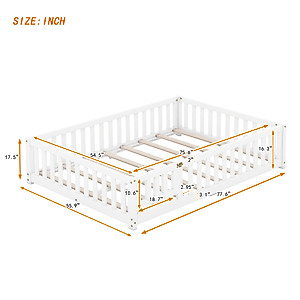 HomSof Full Size Bed Floor Bed with Safety Guardrails and Door for Kids,77.6''L x 55.9''W x 17.5''H， White