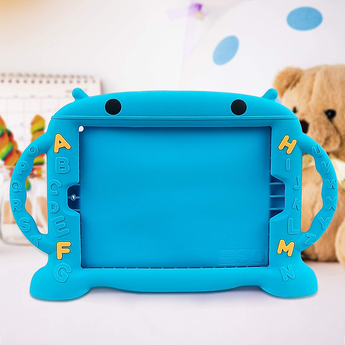 CHINFAI Kids Case for iPad, Cute Cartoon Case for iPad 2017 2018 9.7 inch, Case for iPad Pro/iPad Air 1 2, Shockproof Silicone Protective Cover with Self Stand [BPA Free][Side Handles] (Blue)