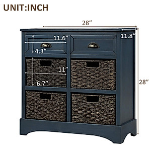 FRANSOUL Rustic Storage Cabinet with 2 Drawers and 4 Classic Rattan Basket Buffet Sideboard for Kitchen/Dining Entryway/Living Room/Home,Antique Navy