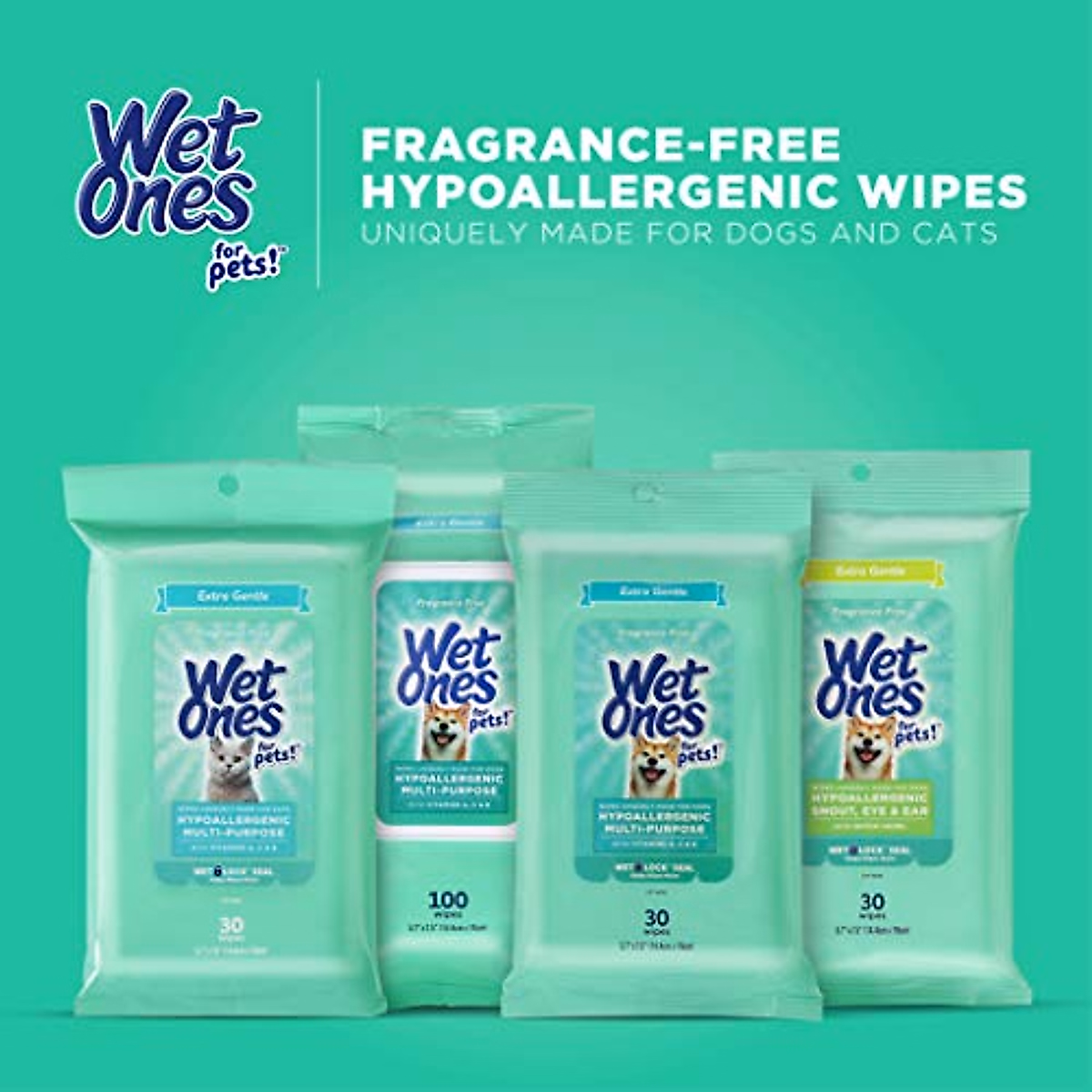 Wet Ones for Pets Hypoallergenic Multi-Purpose Wipes for Cats | Extra Gentle Fragrance-Free Cat Grooming Wipes with Vitamins A, C, & E, Wipes with Wet Lock Seal | 30 Count Pouch Cat Wipes