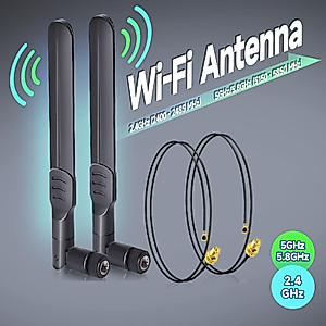 Bingfu Dual Band WiFi 2.4GHz 5GHz 5.8GHz 8dBi RP-SMA Male Antenna & 20cm 8 inch U.FL IPX IPEX MHF4 to RP-SMA Female Extension Cable 2-Pack for M.2 NGFF Intel Wireless Network Card WiFi Adapter Laptop