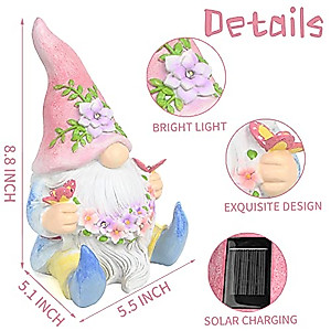 Sinhra Garden Gnome Statue,Resin Gnome Figurine Holding Butterfly with Solar LED Lights, Outdoor Statues Garden Decor for Patio Yard Lawn Porch, Gardening Gifts