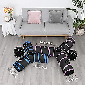 Pawaboo Cat Toys, Cat Tunnel Tube 3-Way Tunnels 25x40cm Extensible Collapsible Cat Play Tent Interactive Toy Maze Cat House Bed with Balls and Bells for Cat Kitten Kitty Rabbit Small Animal, Blue