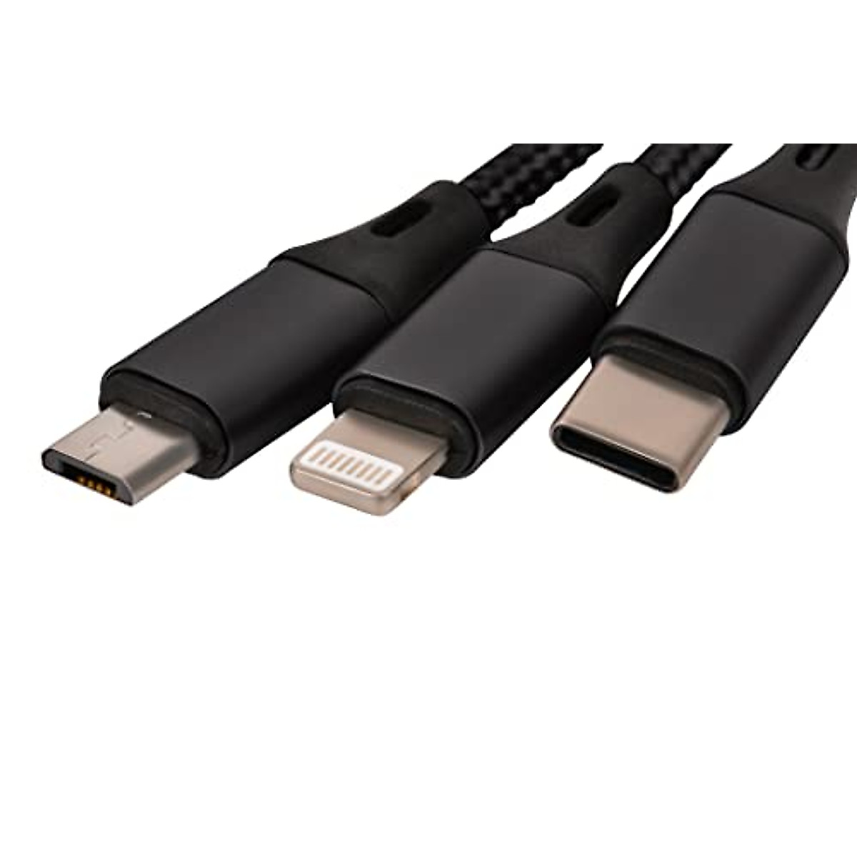 TheUrbanGeek 3-in-1 Nylon Braided Fast USB Charging/Data Cable, 3.28 ft, Compatible with Apple iPhone 14/Pro/13 Through iPhone 6, Android, Tablet, 3 Ports and 5 Colors (Black)