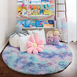 PAGISOFE Round Rugs 5Ft Cute Shaggy Circle Rug for Girls Bedroom, Purple Rainbow Rugs for Kids Room, Teen Girls, Playroom, Nursery, Fluffy Furry Pastel Mermaid Rug, Soft Plush Kawaii Tent Carpet