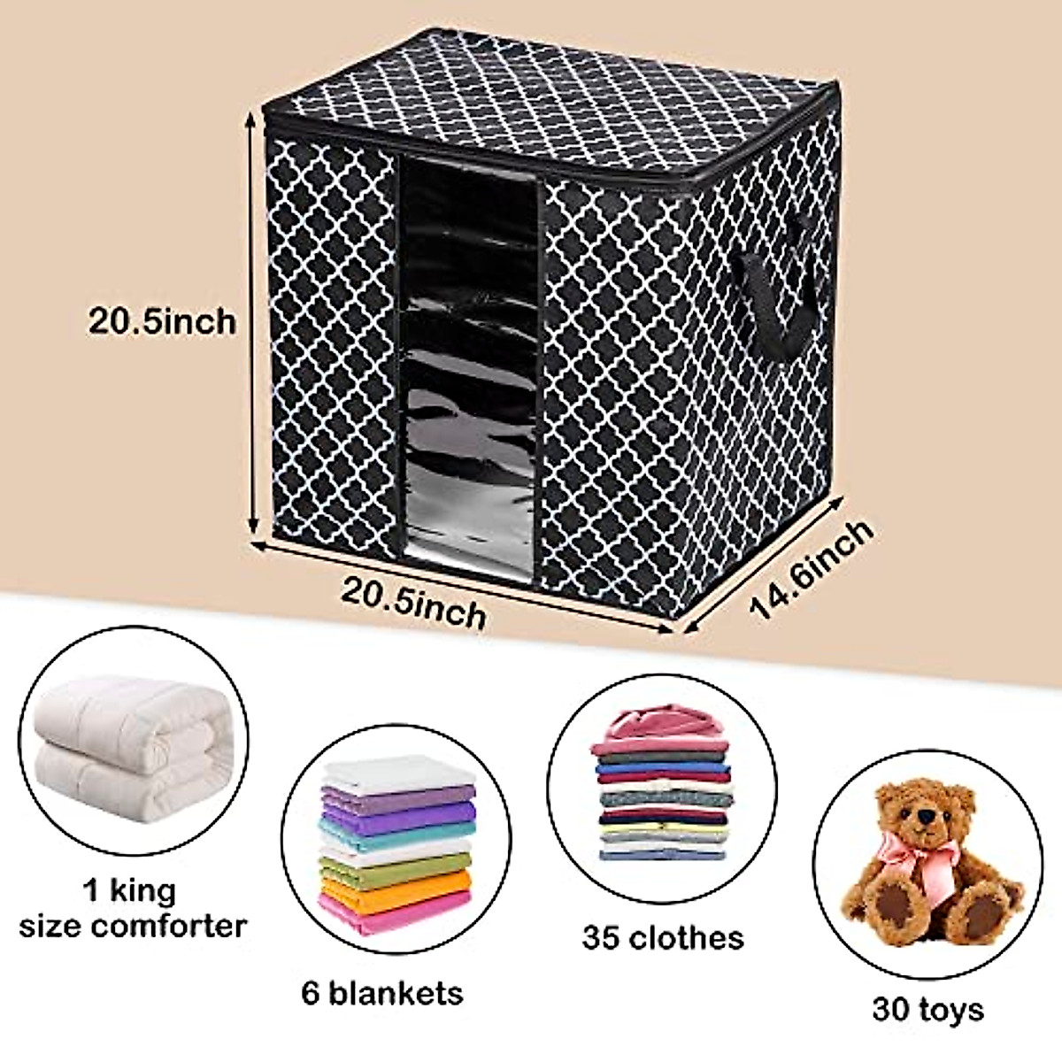 Keaxinty Storage Bags for Clothes,3 Pack 100L Large Capacity Blanket Foladable Storage Boxes with Thick Reinforced Handles for Bedding,Clothing,Pillow, Black (20.5x14.6x20.5in)